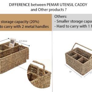 PEMAR Large L-Sized Hand Woven Utensil Caddy Carrier, Natural Jute Wicker Condiment Holder for Table, Kitchen Set Counter Top Silverware Organizer, Rustic Storage Forks, Spoons (Seagrass)