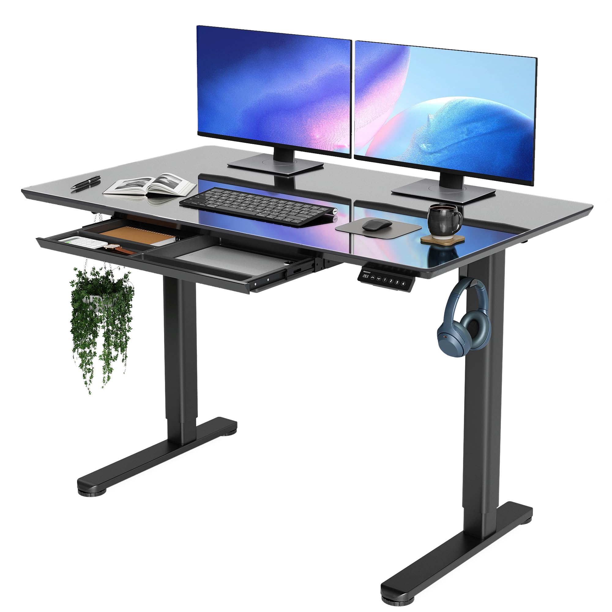 INNOVAR Glass Standing Desk with Drawers, 48×24 Inch Adjustable Stand Up Desk, Quick Install Home Office Computer Desk, Black