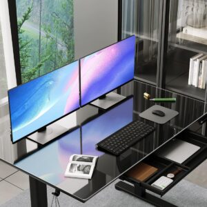 INNOVAR Glass Standing Desk with Drawers, 48×24 Inch Adjustable Stand Up Desk, Quick Install Home Office Computer Desk, Black