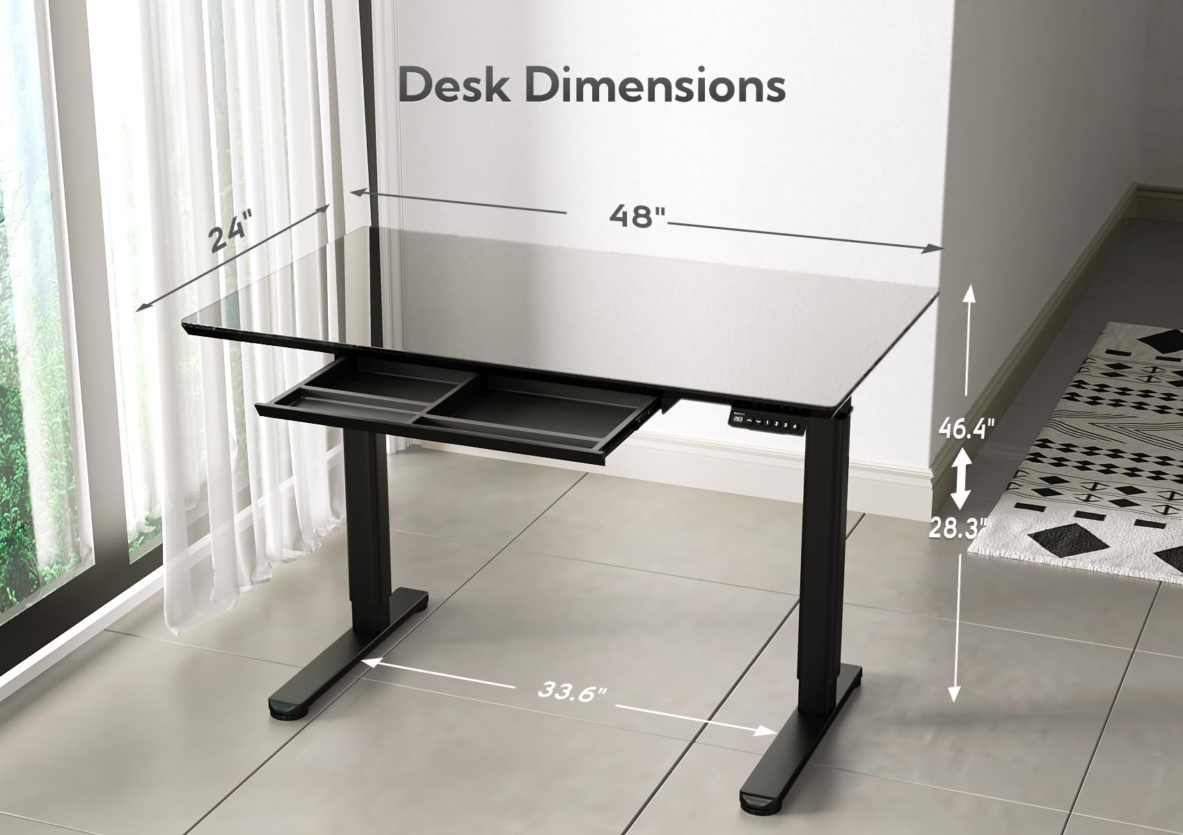 INNOVAR Glass Standing Desk with Drawers, 48×24 Inch Adjustable Stand Up Desk, Quick Install Home Office Computer Desk, Black