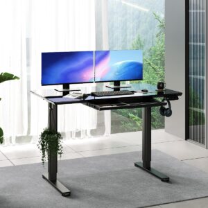 INNOVAR Glass Standing Desk with Drawers, 48×24 Inch Adjustable Stand Up Desk, Quick Install Home Office Computer Desk, Black