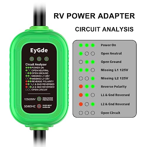 EyGde 4 Prong 30 Amp to 50 Amp RV Generator Adapter with Surge Protector - Patented NEMA L14-30P Twist Lock Male to 14-50R Female Plug, STW Cord with Circuit Analyzer for Generators to 50A RV Camper