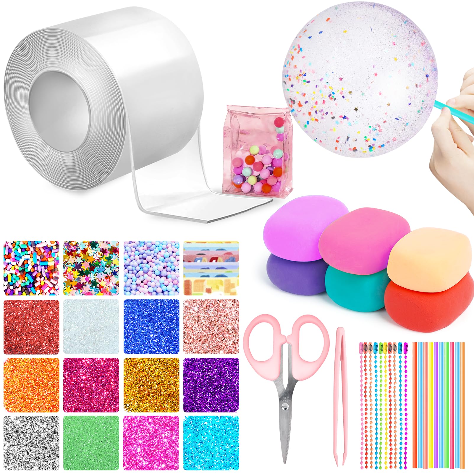 Nano Tape Bubble Kit for Kids, 9.84 FT Clear Nano Tape Balloons Kit with Clay Glitter Straw for Girls Boys, DIY Fidget Elastic Plastic Bubbles Craft Toys Party Favors Gifts