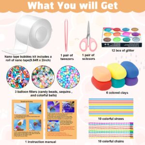 Nano Tape Bubble Kit for Kids, 9.84 FT Clear Nano Tape Balloons Kit with Clay Glitter Straw for Girls Boys, DIY Fidget Elastic Plastic Bubbles Craft Toys Party Favors Gifts