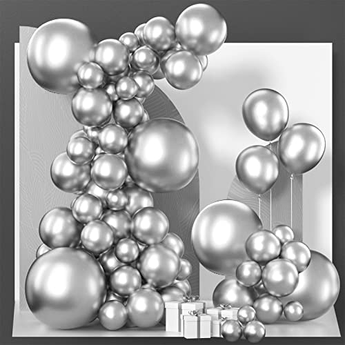 PartyWoo Metallic Silver Balloons, 130 pcs Silver Balloons Different Sizes Pack of 18 Inch 12 Inch 10 Inch 5 Inch for Balloon Garland as Birthday Decorations, Party Decorations, Wedding Decorations