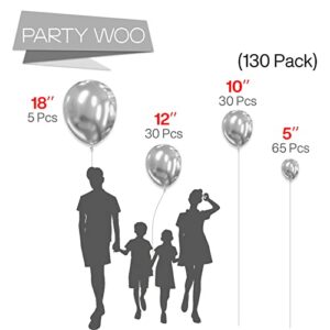 PartyWoo Metallic Silver Balloons, 130 pcs Silver Balloons Different Sizes Pack of 18 Inch 12 Inch 10 Inch 5 Inch for Balloon Garland as Birthday Decorations, Party Decorations, Wedding Decorations