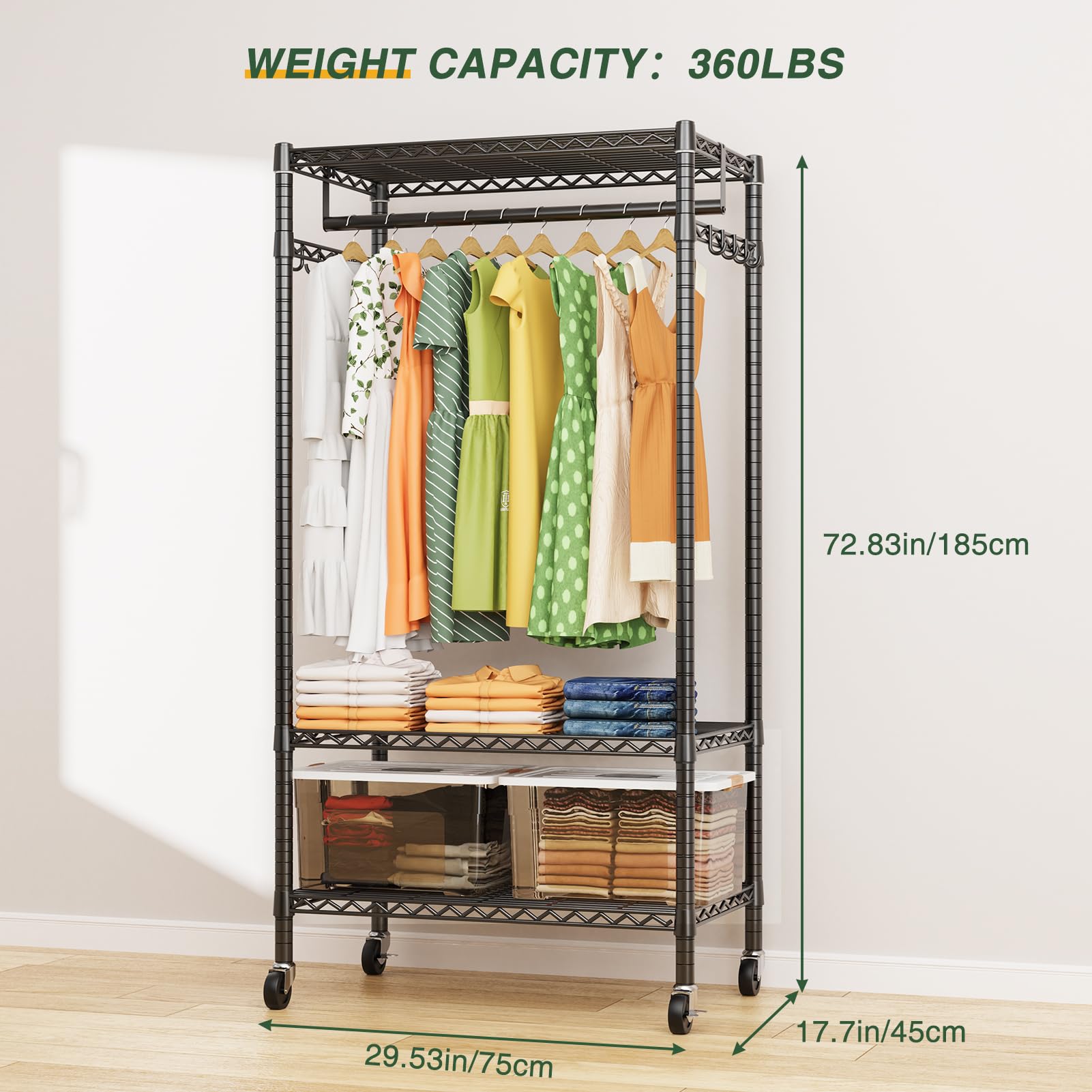 LEHOM G1M Heavy Duty Clothes Rack, 3 Tiers Rolling Garment Rack for Hanging Clothes, Adjustable Wire Clothing Rack with Storage Shelves, Lockable Wheels Freestanding Closet Wardrobe for Bedroom