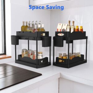 Dynoar 2 Pack Double Sliding Under Sink Organizers and Storage, 2-Tier Pull-Out Organizers for Kitchen Bathroom, Under Sink Organizers with Dividers Hanging Cups Hooks