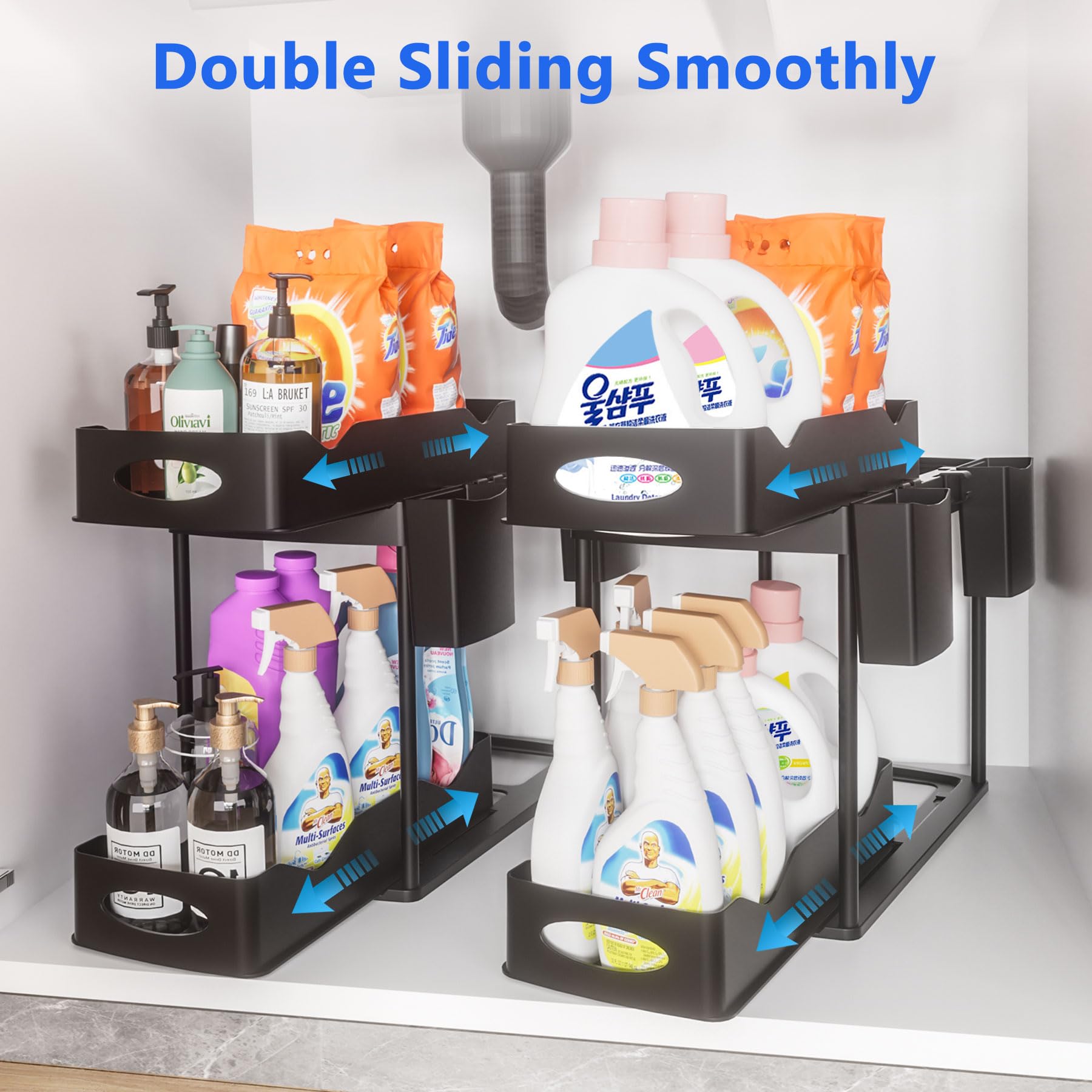 Dynoar 2 Pack Double Sliding Under Sink Organizers and Storage, 2-Tier Pull-Out Organizers for Kitchen Bathroom, Under Sink Organizers with Dividers Hanging Cups Hooks