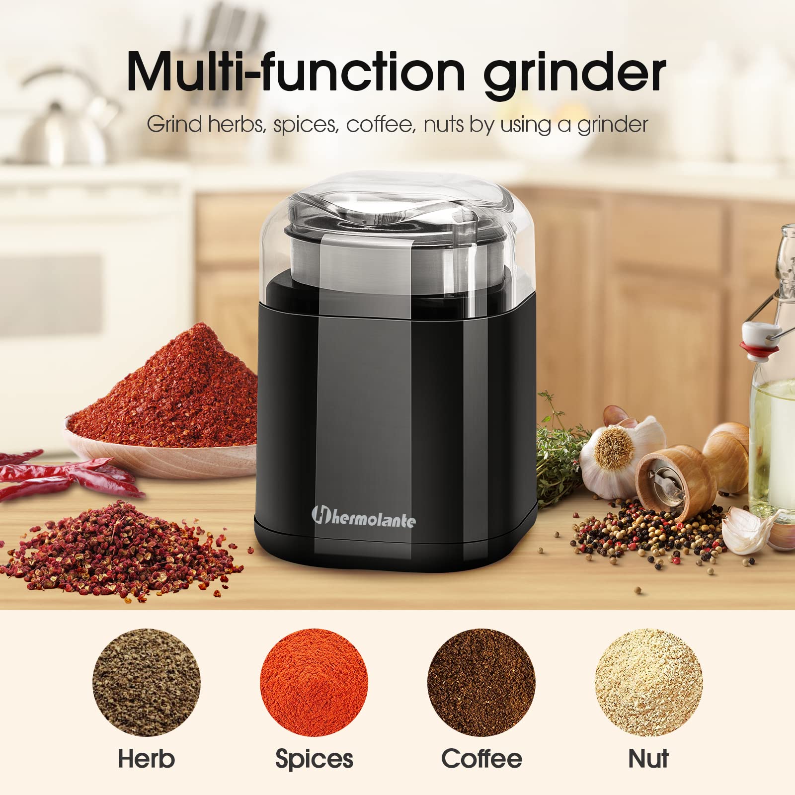 Hermolante Herb Grinder Spice Grinder, 200 w Herb Grinder with Stainless Steel Blade and Cleaning Brush, Compact Size Electric Grinder for Herbs and Spices -5.11in (Black)