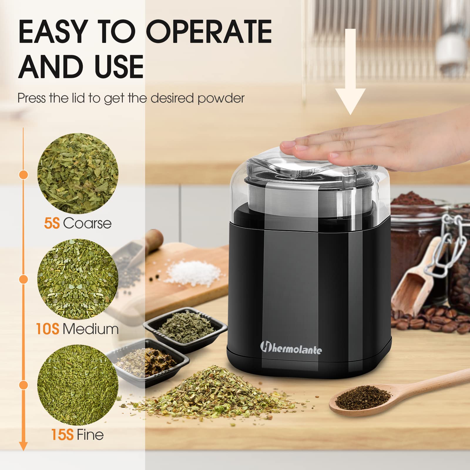 Hermolante Herb Grinder Spice Grinder, 200 w Herb Grinder with Stainless Steel Blade and Cleaning Brush, Compact Size Electric Grinder for Herbs and Spices -5.11in (Black)