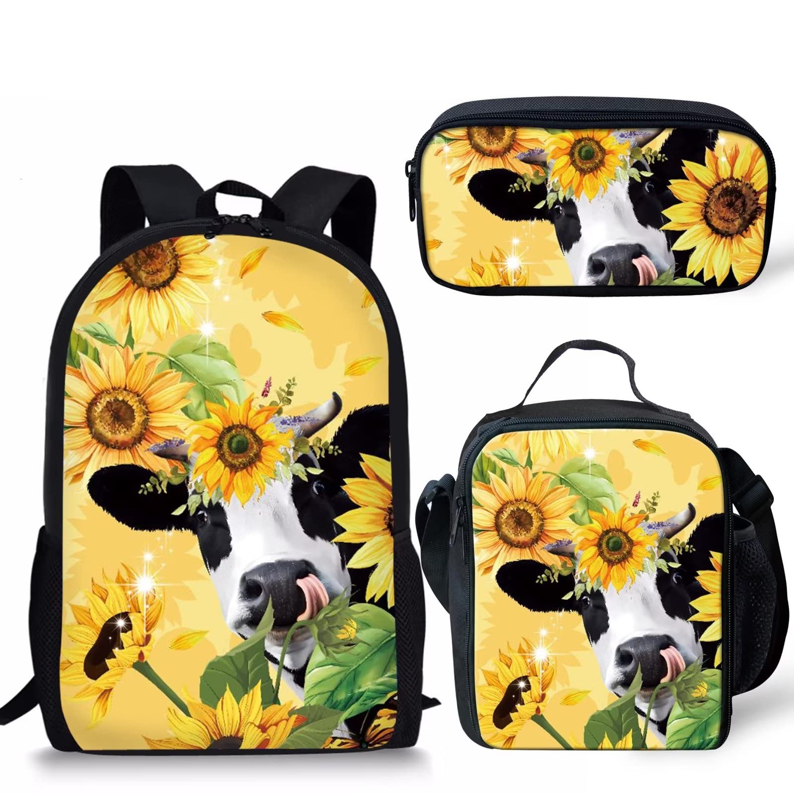 Howanight Girls Sunflower Cow Print School Bag 3-in-1 Kids Backpack Set with Lunch Box and Pencil Case