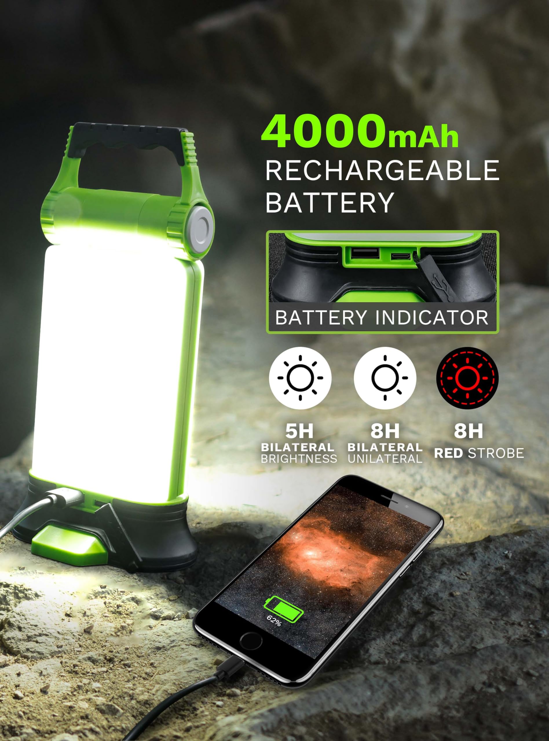 Favourlite Camping Lantern, 1500LM 2COB Rechargeable Lantern 180° Rotatable Camping Light with 4000 Capacity Phone Charger Waterproof Portable LED Lantern for Emergency Power Outages Hiking