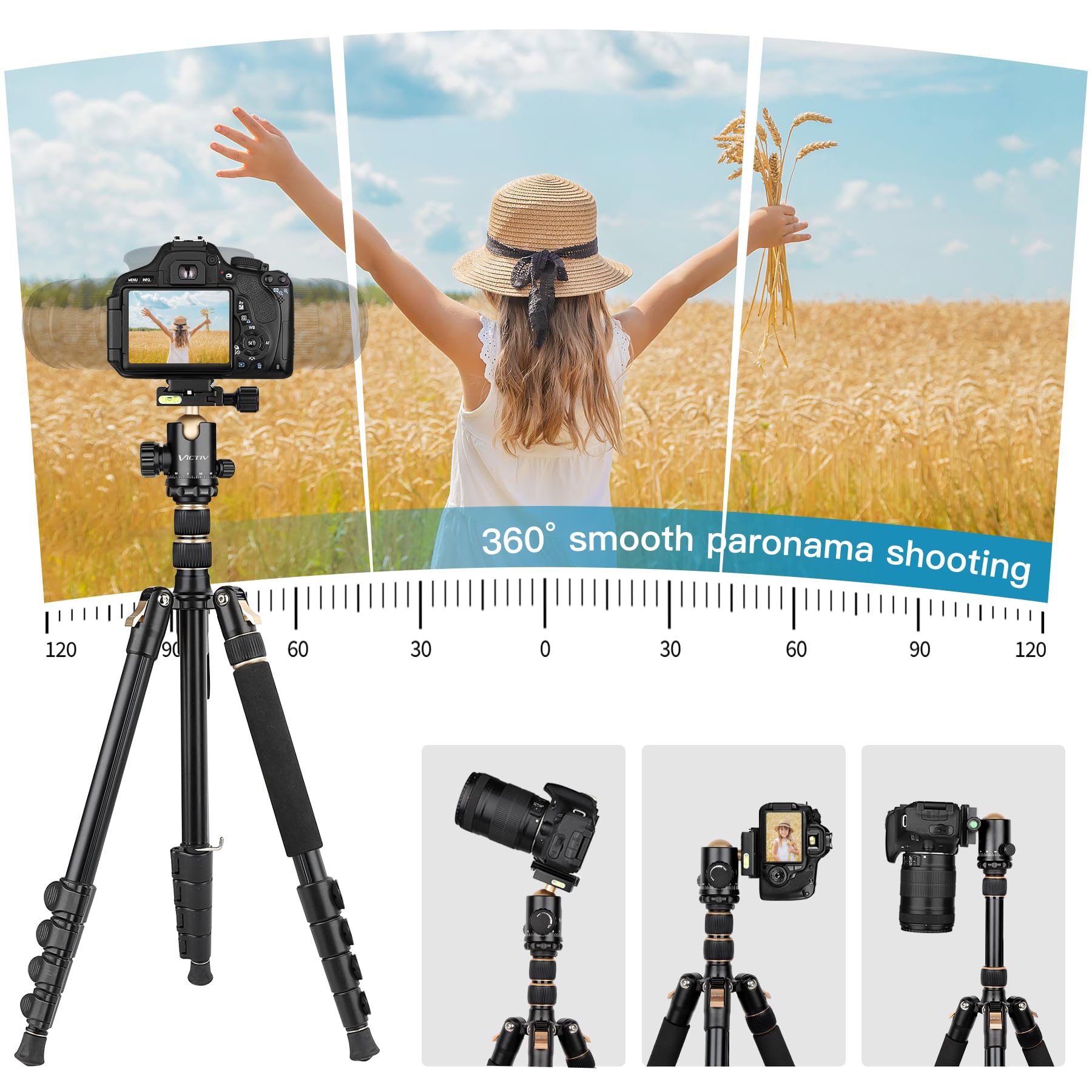 Tripod for Camera, Professional DSLR Tripod for Photography, Tall Camera Tripod Stand, Lightweight Heavy Duty Tripod for Spotting Scopes, Telescope and Binoculars, Compact Complete Tripod Units