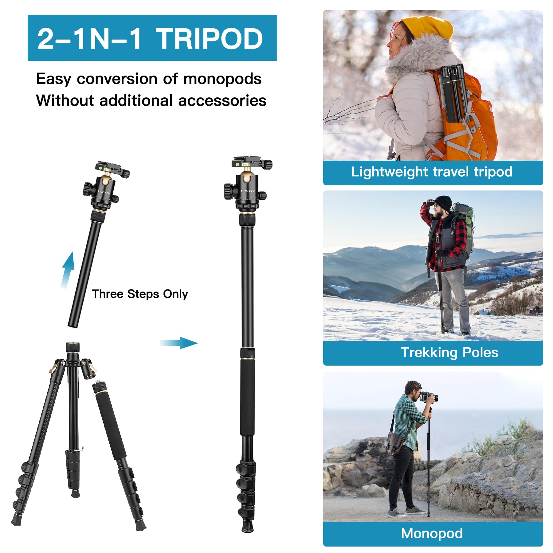 Tripod for Camera, Professional DSLR Tripod for Photography, Tall Camera Tripod Stand, Lightweight Heavy Duty Tripod for Spotting Scopes, Telescope and Binoculars, Compact Complete Tripod Units