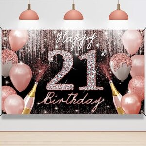 happy 21st birthday backdrop banner, 21st birthday decoration for her rose gold, 21 year old birthday party yard sign photo booth props background poster, 21 bday decor, fabric, phxey