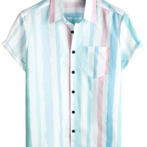 VATPAVE Mens Striped Summer Shirts Casual Button Down Short Sleeve Beach Stylish Untucked Hawaiian Shirts Small Blue Pink