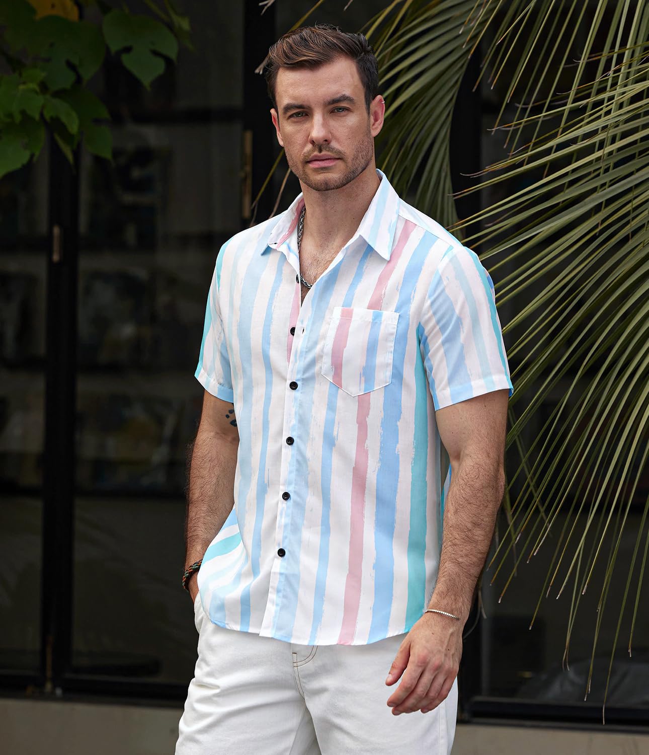 VATPAVE Mens Striped Summer Shirts Casual Button Down Short Sleeve Beach Stylish Untucked Hawaiian Shirts Small Blue Pink