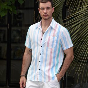 VATPAVE Mens Striped Summer Shirts Casual Button Down Short Sleeve Beach Stylish Untucked Hawaiian Shirts Small Blue Pink