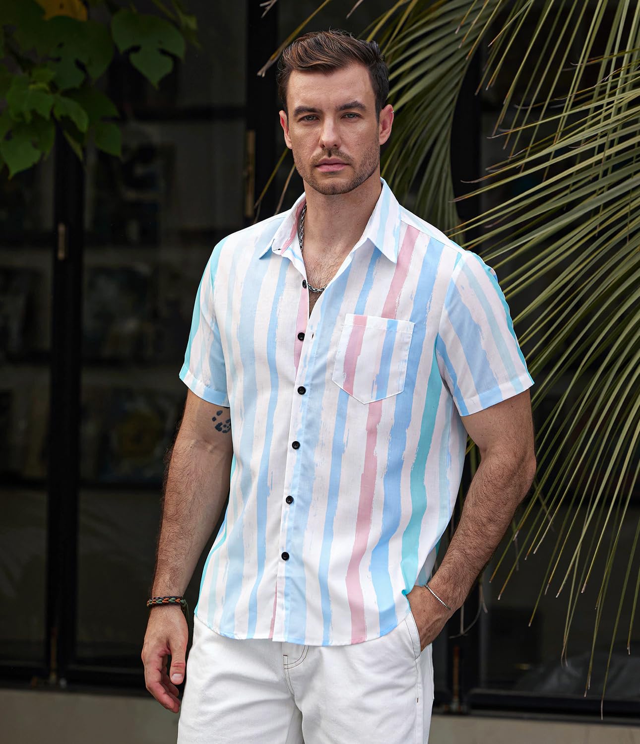 VATPAVE Mens Striped Summer Shirts Casual Button Down Short Sleeve Beach Stylish Untucked Hawaiian Shirts Small Blue Pink