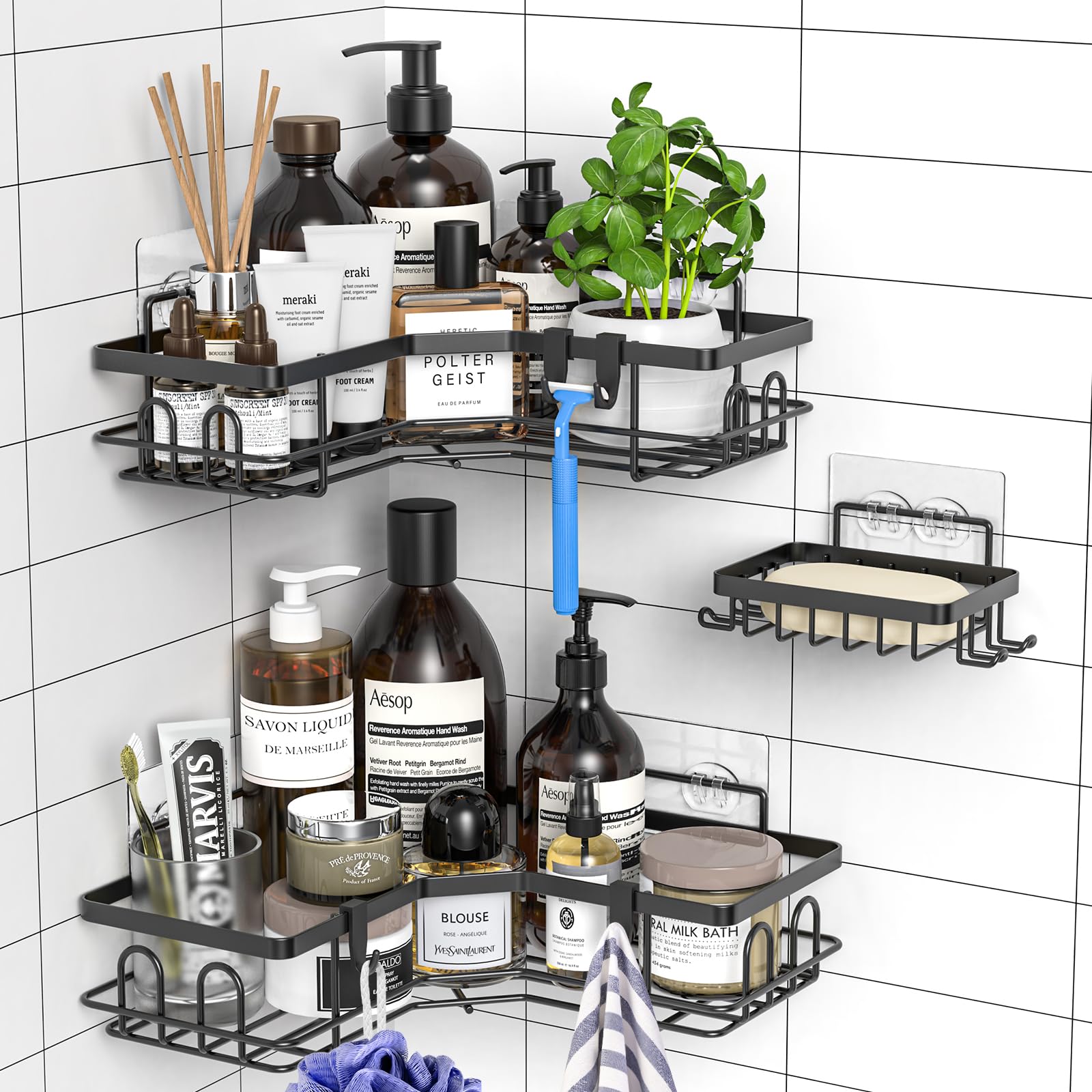 balabuki Corner Shower Caddy Organizer - Stainless Steel Adhesive Shower Shelves with Soap Dish and Hooks, 3 Pack, Black