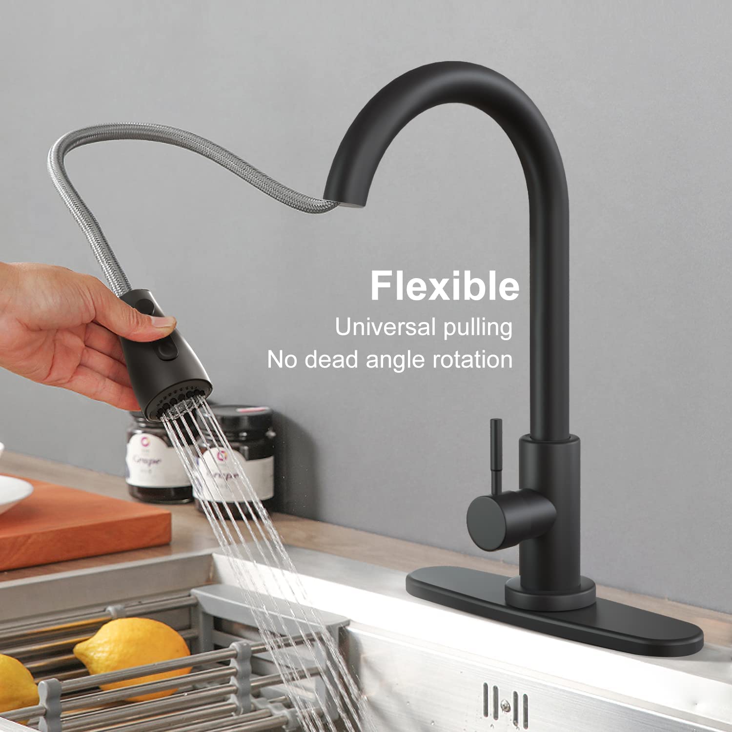 Kitchen Faucets with Pull Down Sprayer-Kitchen Sink faucets-Single Level Stainless Steel-Matte Black