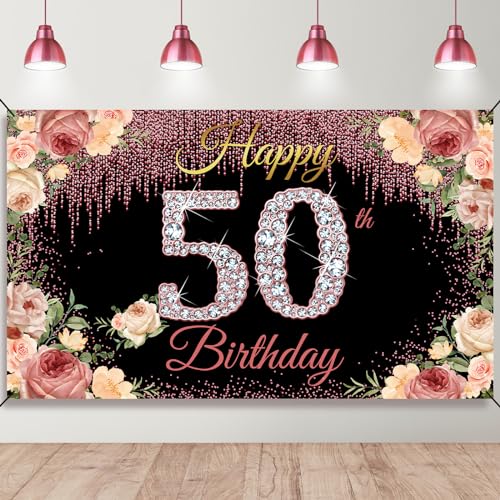 50th Birthday Decorations for Women Men, Happy 50th Birthday Backdrop Banner, Gold Floral 50 Year Old Birthday Party Yard Sign Photo Booth Props Poster Decor Supplies, Fabric, Vicycaty