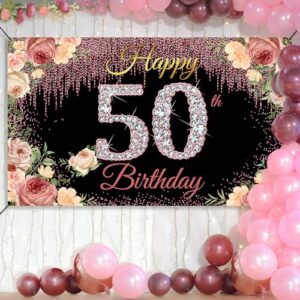 50th Birthday Decorations for Women Men, Happy 50th Birthday Backdrop Banner, Gold Floral 50 Year Old Birthday Party Yard Sign Photo Booth Props Poster Decor Supplies, Fabric, Vicycaty