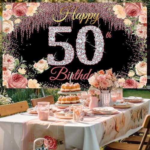 50th Birthday Decorations for Women Men, Happy 50th Birthday Backdrop Banner, Gold Floral 50 Year Old Birthday Party Yard Sign Photo Booth Props Poster Decor Supplies, Fabric, Vicycaty