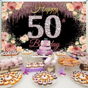 50th Birthday Decorations for Women Men, Happy 50th Birthday Backdrop Banner, Gold Floral 50 Year Old Birthday Party Yard Sign Photo Booth Props Poster Decor Supplies, Fabric, Vicycaty