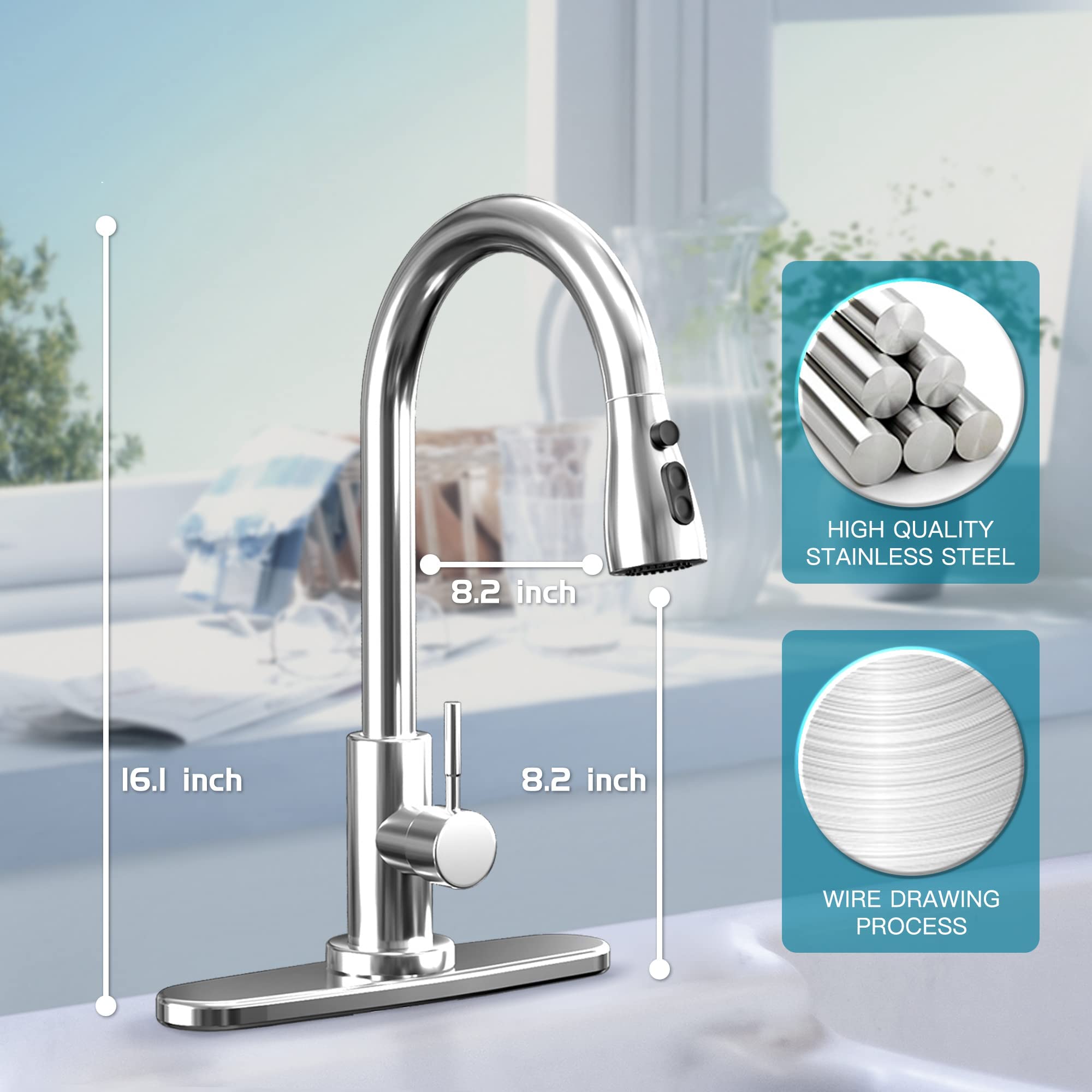 Susbie Kitchen Faucets with Pull Down Sprayer,Kitchen Faucet,Single Handle Kitchen Sink Faucet with Pull Out Sprayer,Single Level Stainless Stee