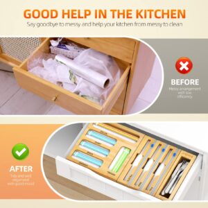 9 IN 1 Storage Bag Organizer for Kitchen Drawer, Bamboo Foil and Plastic Wrap with Cutter, Kitchen Organizers and Storage, Compatible with Gallon, Quart, Sandwich and Snack Variety Size Bag