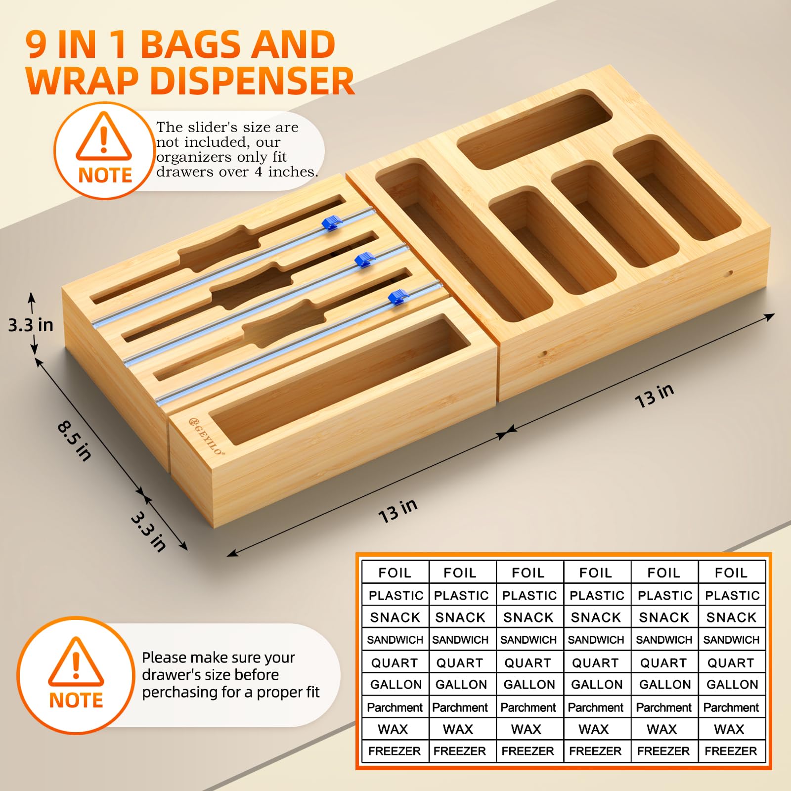 9 IN 1 Storage Bag Organizer for Kitchen Drawer, Bamboo Foil and Plastic Wrap with Cutter, Kitchen Organizers and Storage, Compatible with Gallon, Quart, Sandwich and Snack Variety Size Bag