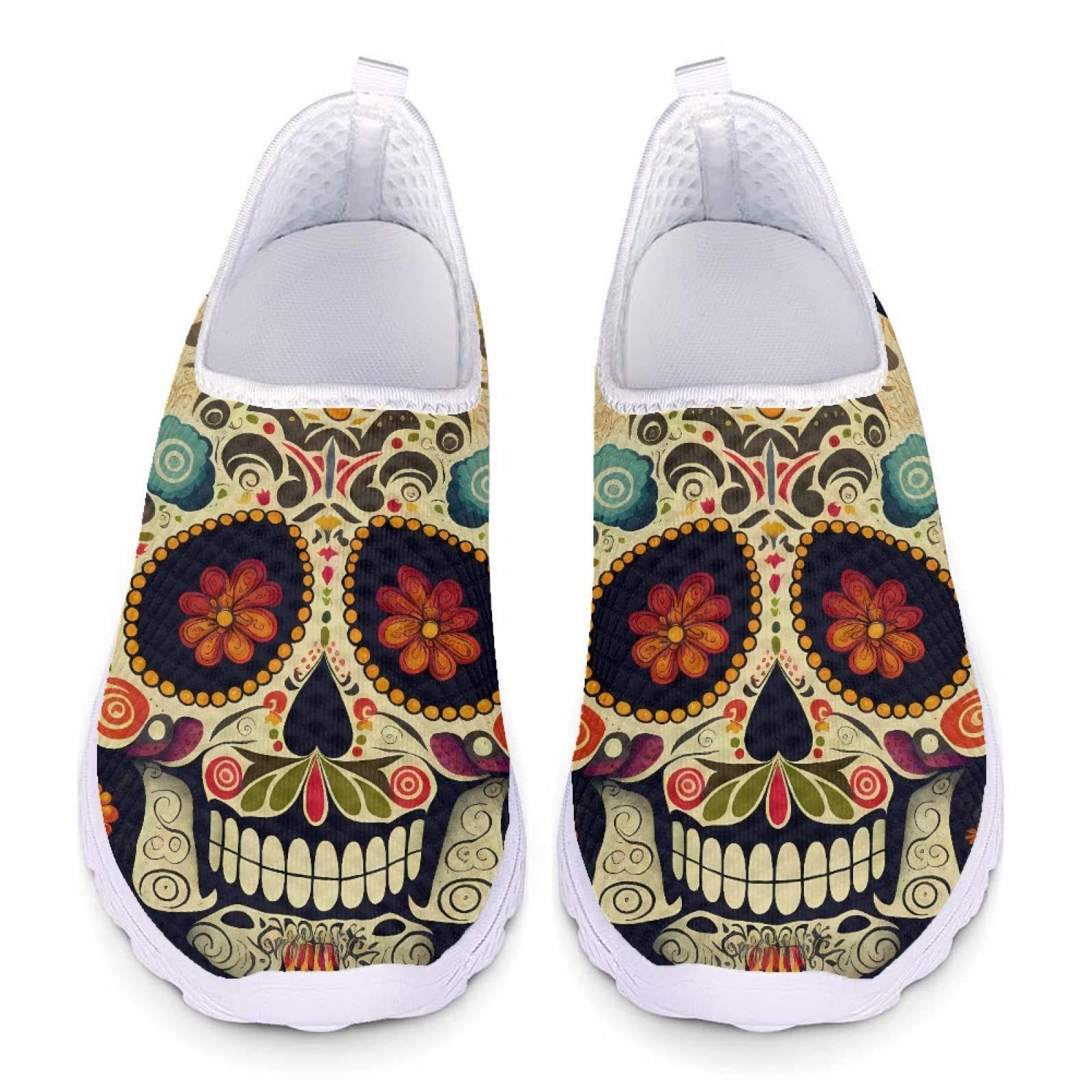 Flower Skull Womens Loafers Shoes Wedge Platform Casual Breathable Mesh Shoes Fashion Flat Print Shoes for Girls Walking Loafers Falt Platform Hands Free Sneakers Mesh Sneakers