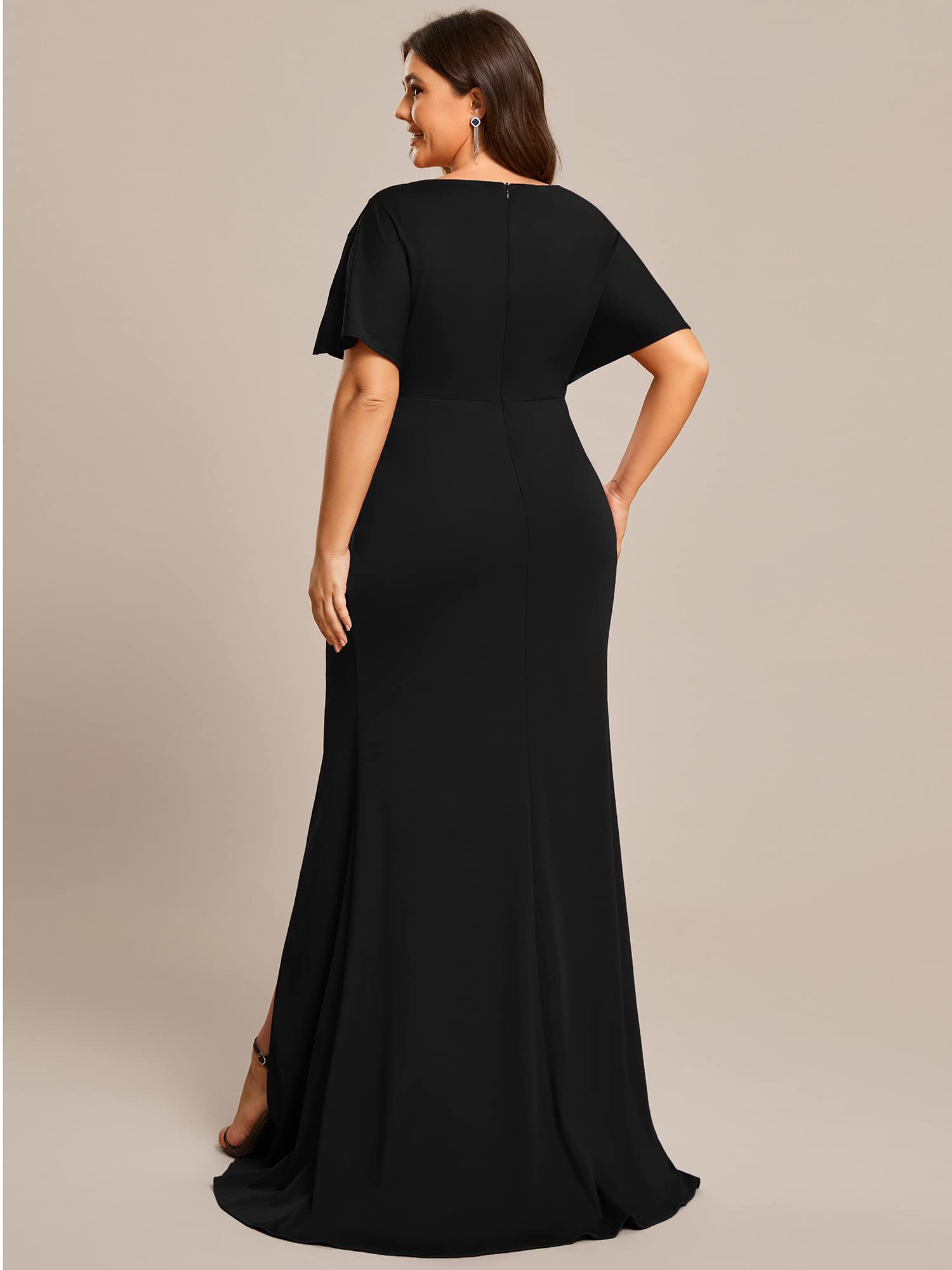 Ever-Pretty Plus Women's V Neck High Slit Hollow Out Sequin Sleeve Mermaid Plus Size Formal Party Dress Black US18