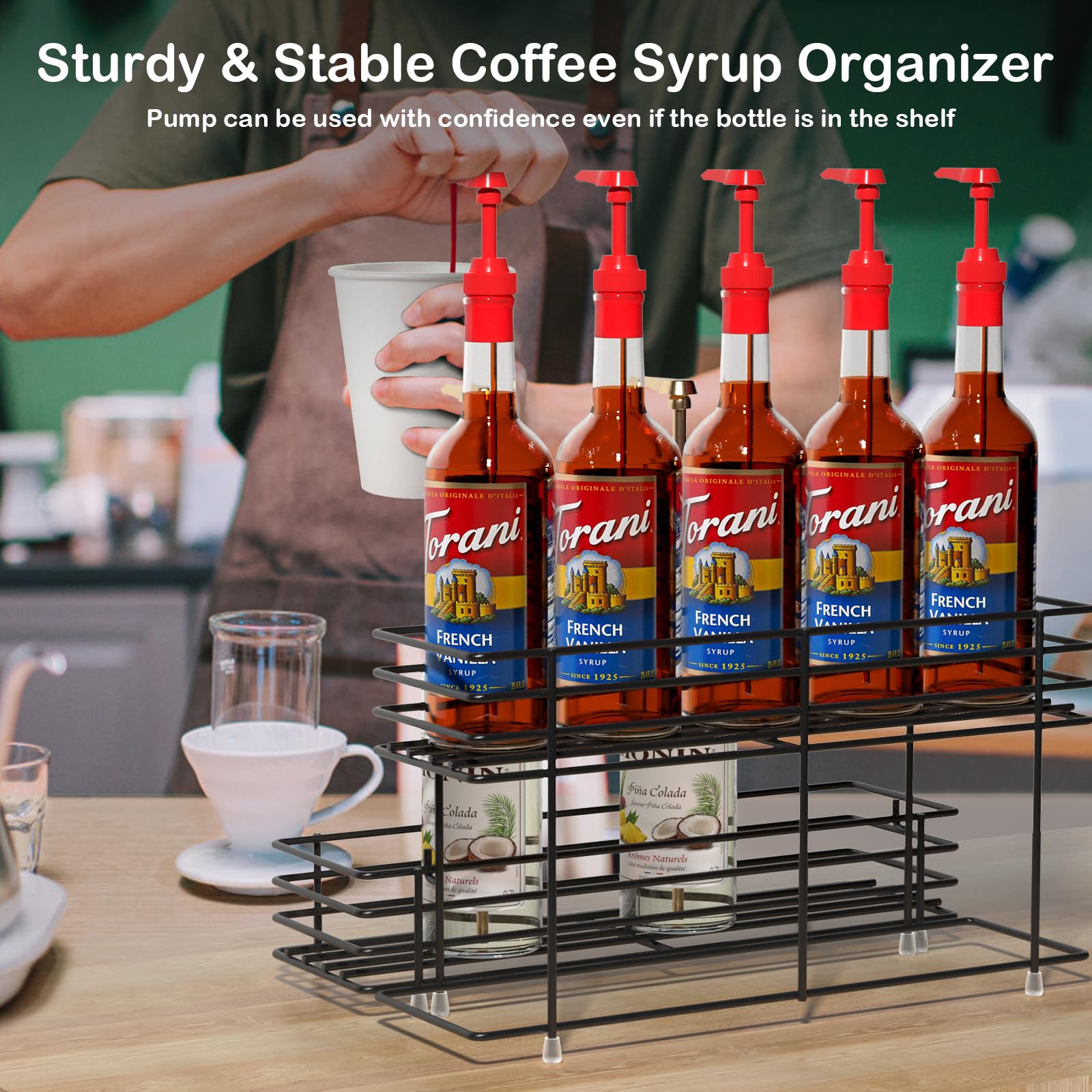 Coffee Syrup Organizer 2 Tier Syrup Bottle Holder Rack for Coffee Bar 10 Bottles Matte Black Wine Bottle Rack Coffee Syrup Stand Shelf for Syrup, Wine, Coffee Bar Organizer For Kitchen Coffee Shop