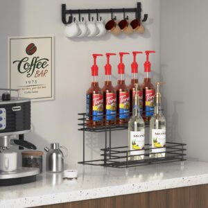 Coffee Syrup Organizer 2 Tier Syrup Bottle Holder Rack for Coffee Bar 10 Bottles Matte Black Wine Bottle Rack Coffee Syrup Stand Shelf for Syrup, Wine, Coffee Bar Organizer For Kitchen Coffee Shop