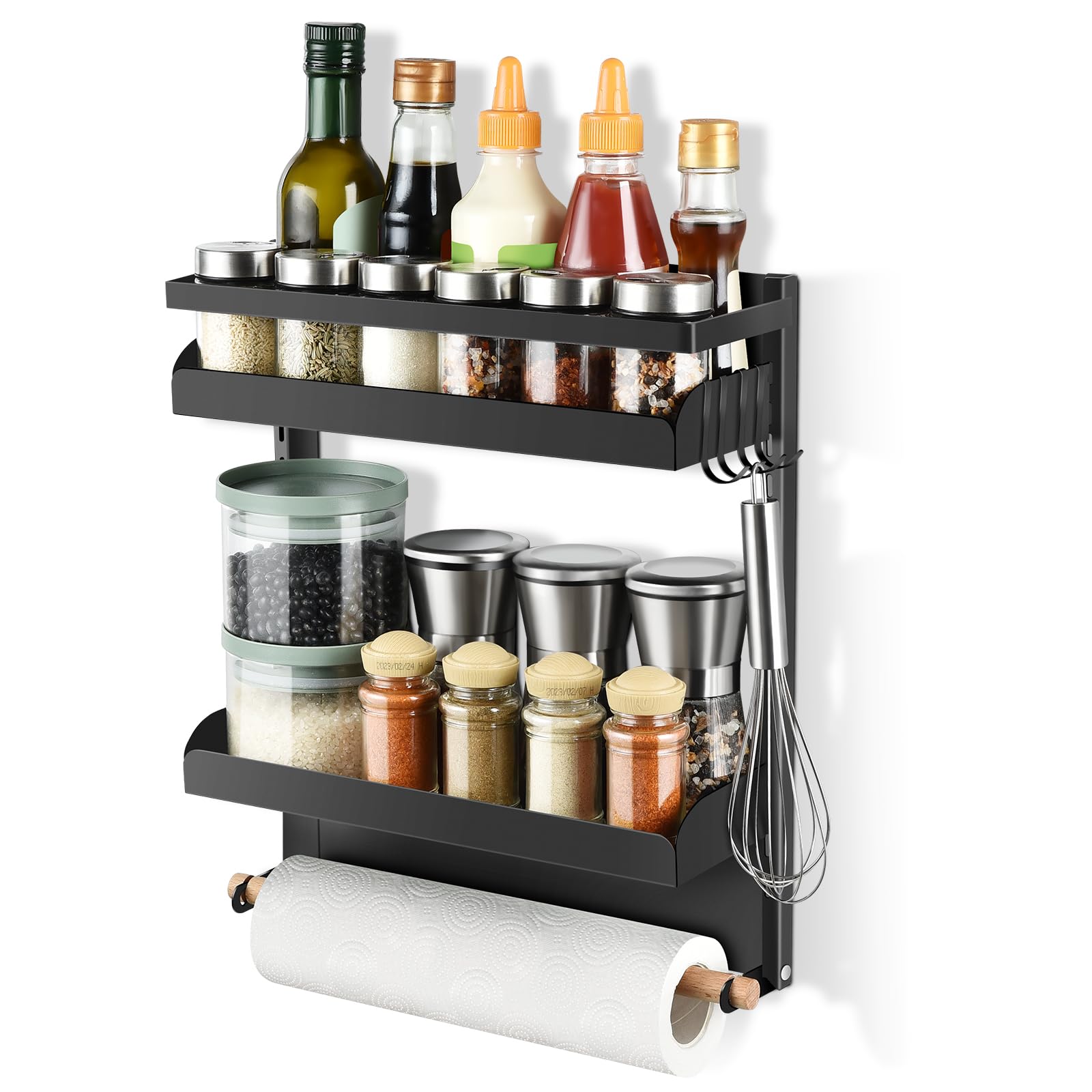 aceyoon Magnetic Spice Rack for Refrigerator, 2-Tier Magnet Kitchen Organizer, 2-in-1 Fridge Magnet Kitchen Wall Organizer with Paper Towel Holder for Store Spices, Jar of Olive Oil (Black)