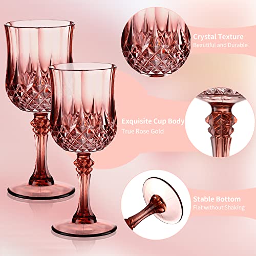 XUWAIDSGN 7oz Plastic Vintage Rose Gold Drinking Glasses Pink Wine Glasses Unbreakable Wedding Glassware Crystal Water Goblets Reusable Drinkware Vintage Champagne Flutes (24, Rose Gold)