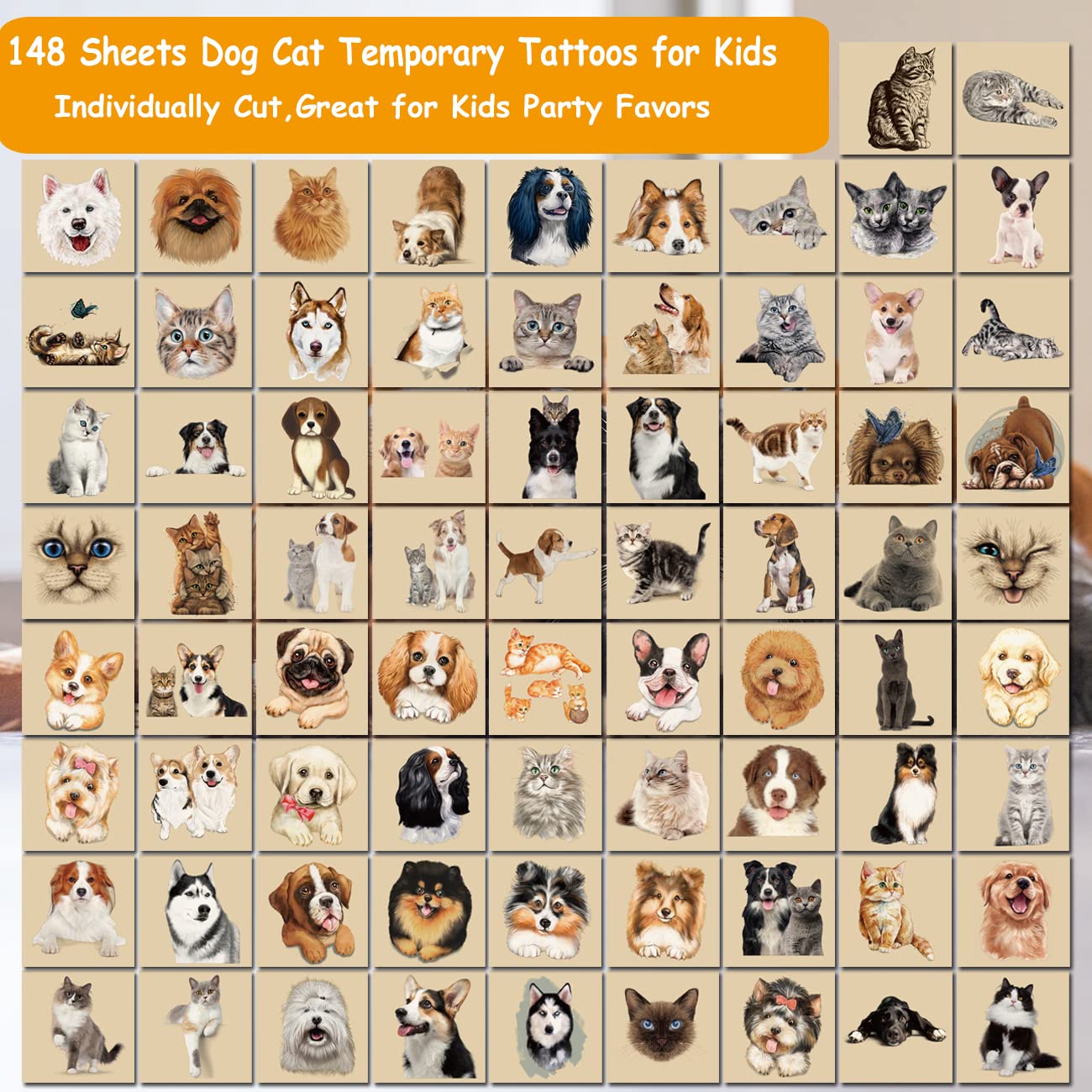 CHARLENT 148 PCS Dog Cat Temporary Tattoos for Kids - 3D Individual Puppy kitten Tattoos for Boys Girls Animals Birthday Party Favors Goodie Bag Fillers