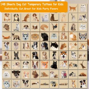 CHARLENT 148 PCS Dog Cat Temporary Tattoos for Kids - 3D Individual Puppy kitten Tattoos for Boys Girls Animals Birthday Party Favors Goodie Bag Fillers