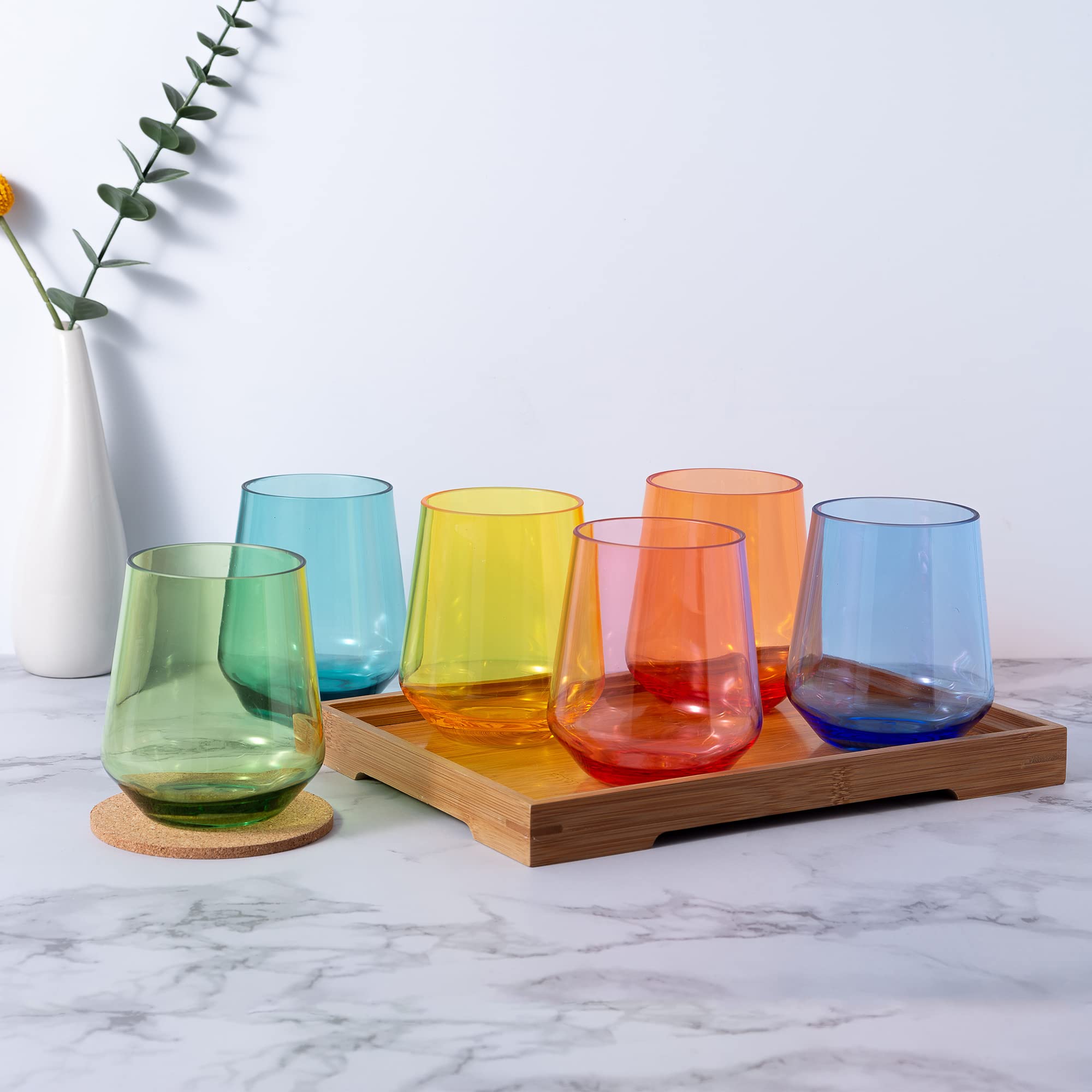 KX-WARE 16-ounce Acrylic Unbreakable Stemless Wine Glasses, set of 6 Multicolor