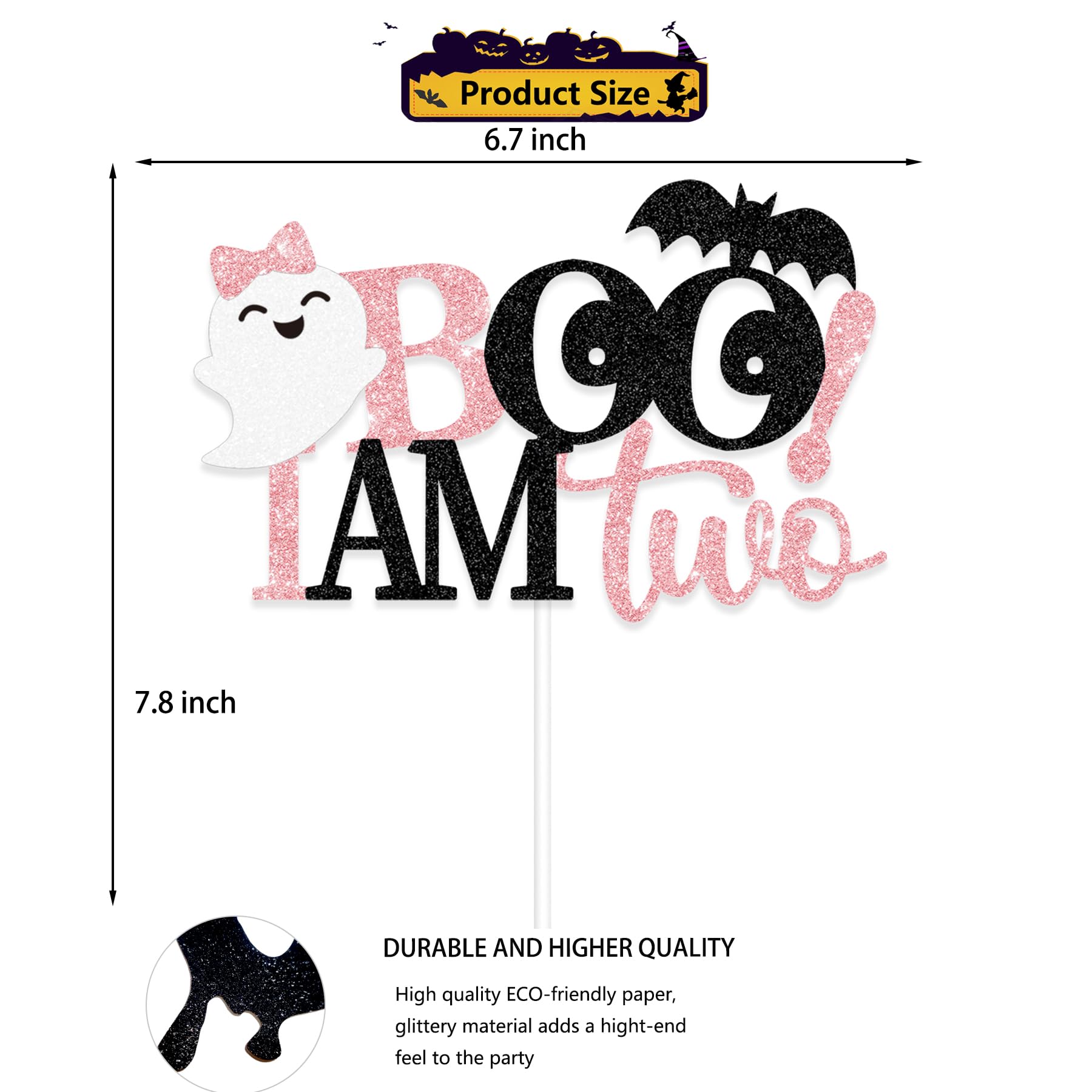 Boo I'm Two Cake Topper Pink Black Glitter- Girls Halloween 2nd Birthday Cake Topper, Ghost Decor, Pink Halloween 2nd Birthday Cake Decorations, Here for the Boos Decorations