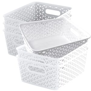 rethink your room set of 3 large plastic open storage basket, 14 x 12 x 5 inches, durable pantry and kitchen organization bins for organization, desktops countertops bathroom home, bright white