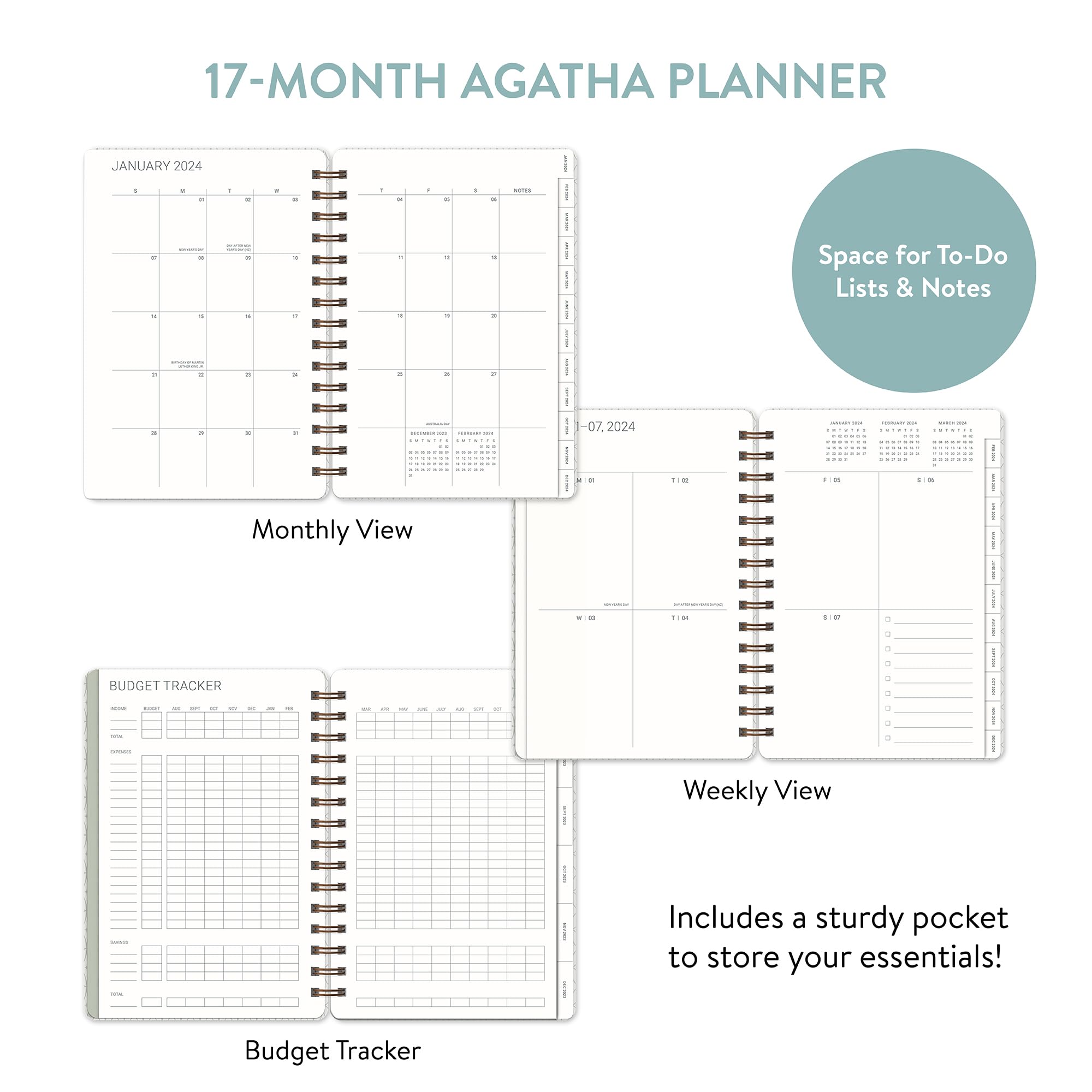 Orange Circle Studio Agatha 2024 Weekly Planner, Spiral Notebook, Weekly & Monthly Calendar Views, To Do List Notepad, Appointment, Budget & Goal Tracker, 17-Month Agenda for School/Work, Greige