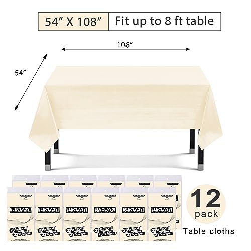 Eleclassi Ivory 12 Pack Premium Disposable Plastic Tablecloth 54 x 108 in - Plastic Table Cloths for Parties Disposable Tablecloth for Rectangle Tables Up to 8 Ft - Rectangle Tablecloth