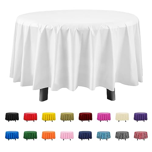 Eleclassi White 6 Pack Premium Round Disposable Plastic Tablecloth - 84 Inch Round Plastic Table Cloths for Parties Disposable Tablecloth - Round Plastic Tablecloth - White Round Tablecloth