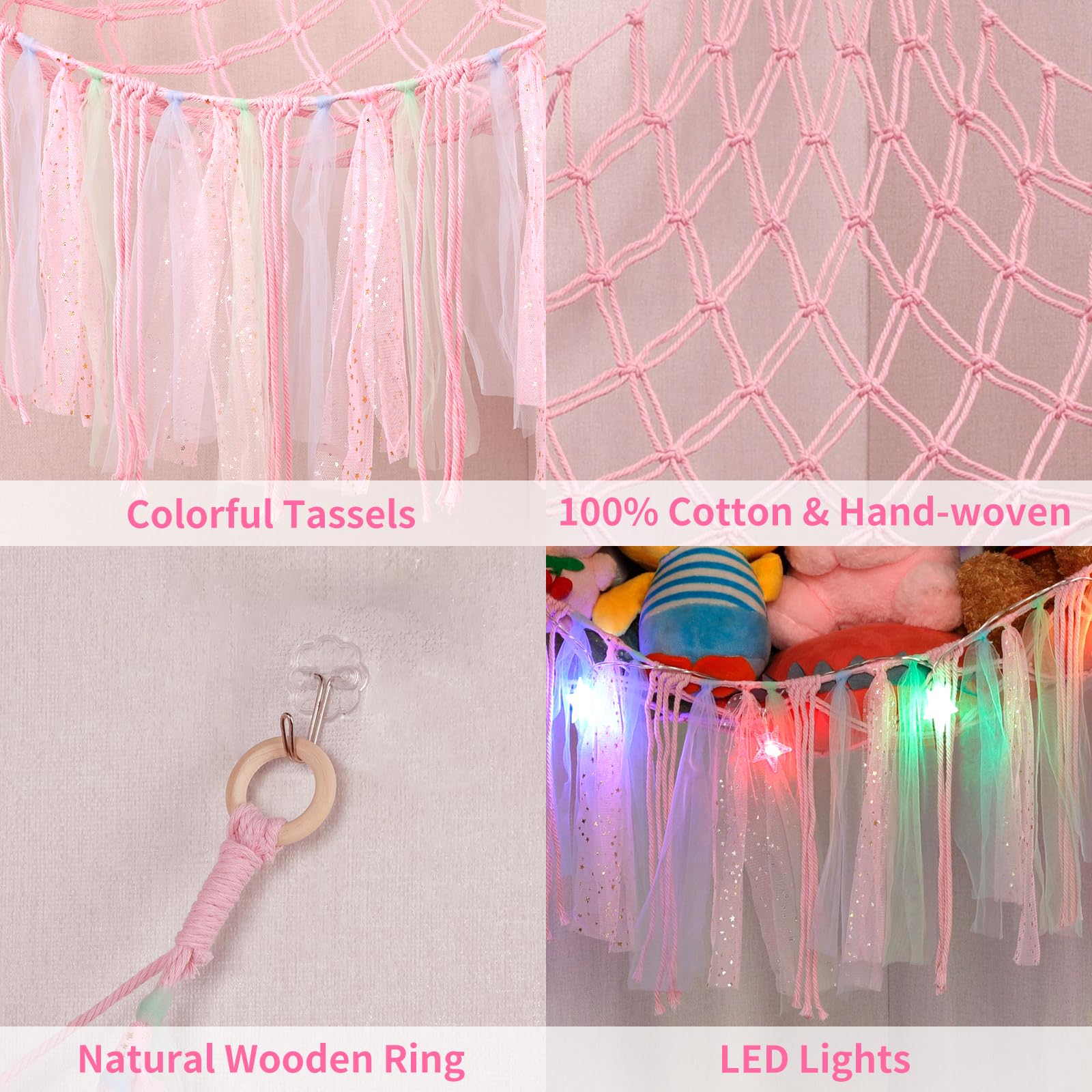 YELIENM Stuffed Animals Net or Hammock with LED Light, 59 inch Toy Hammock Net for Stuffed Animals Corner Hanging Stuffed Animal Storage Stuffed Animal Holder for Nursery Kids Bedroom (Pink)…