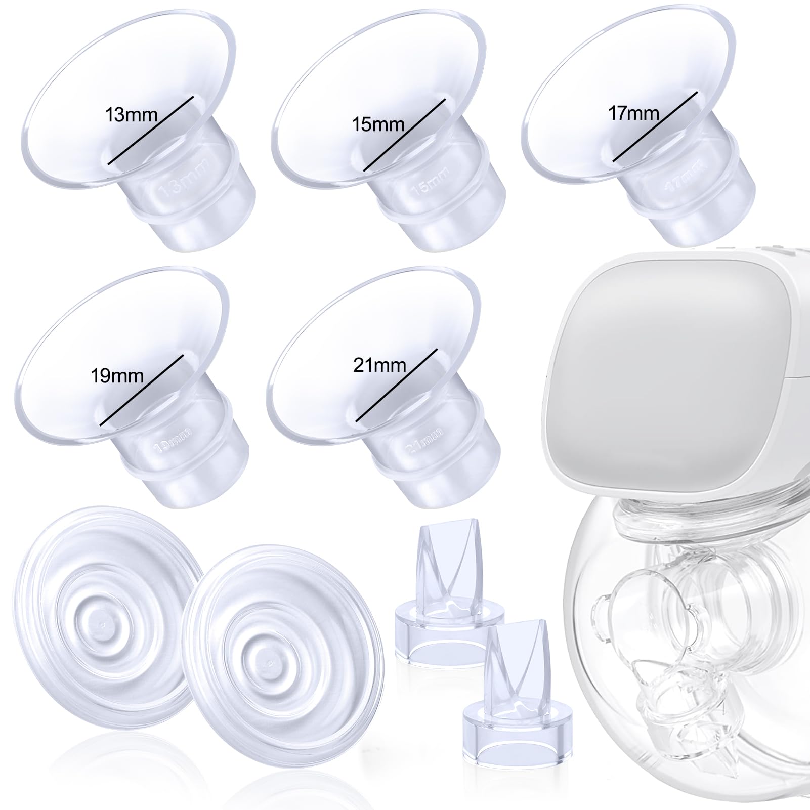 Flange Insert 13/15/17/19/21mm 5pcs, Compatible with Momcozy S9/S9 pro/S12/S12 pro, Including Duckbill Valve&Silicone Diaphragm for Wearable Breast Pump, Reduce Nipple Tunnel Down to Correct Size