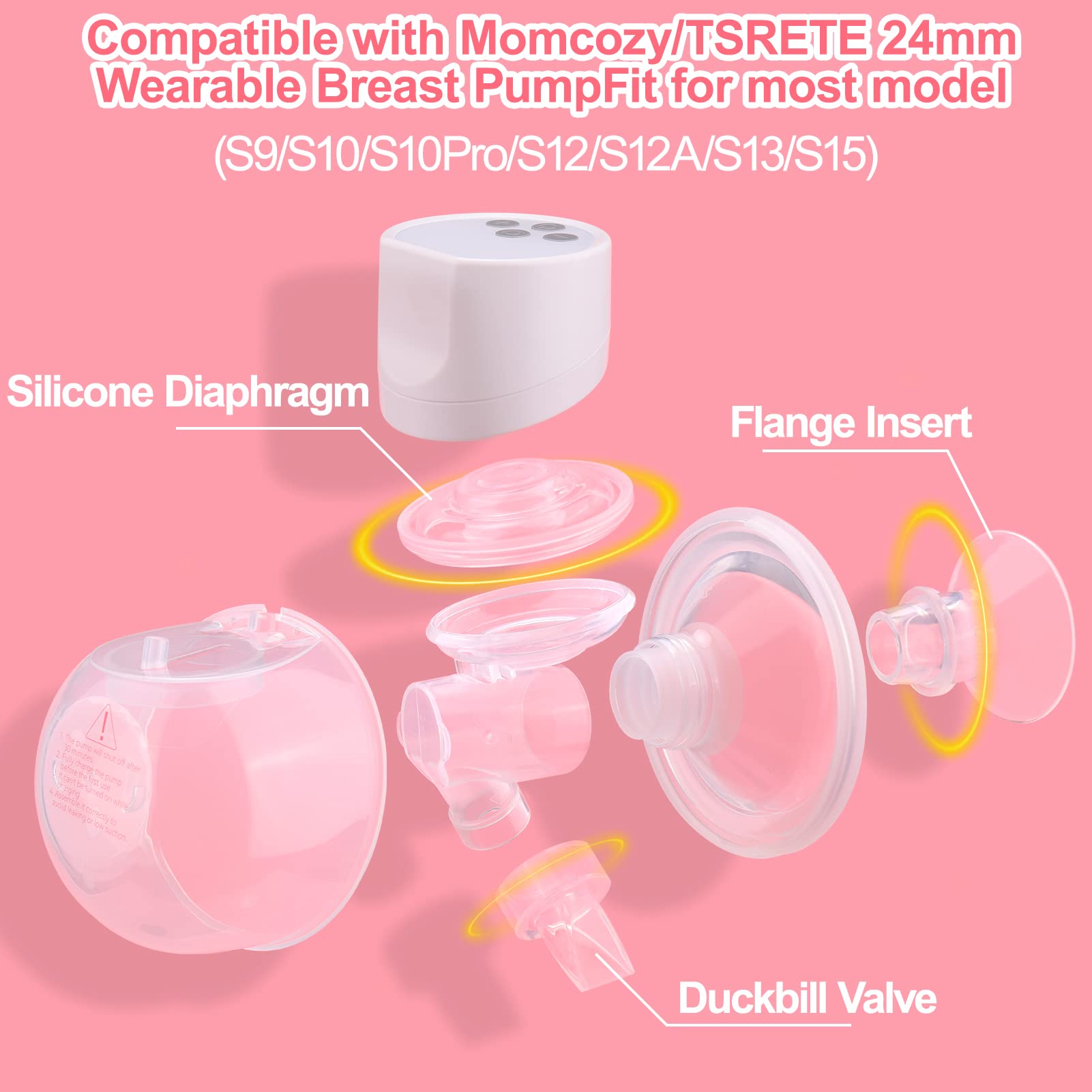 Flange Insert 13/15/17/19/21mm 5pcs, Compatible with Momcozy S9/S9 pro/S12/S12 pro, Including Duckbill Valve&Silicone Diaphragm for Wearable Breast Pump, Reduce Nipple Tunnel Down to Correct Size